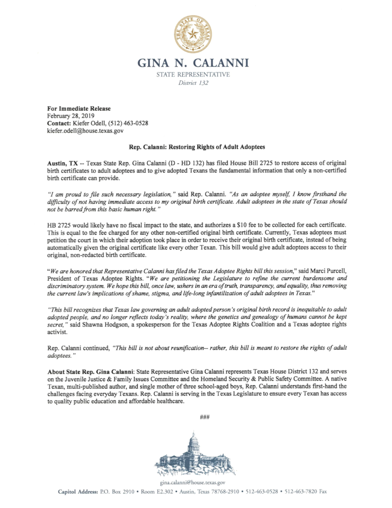 Rep. Calanni Issues Press Release Announcing HB2725 | Texas Adoptee ... Rep. Calanni Issues Press Release Announcing HB2725 | Texas Adoptee ...