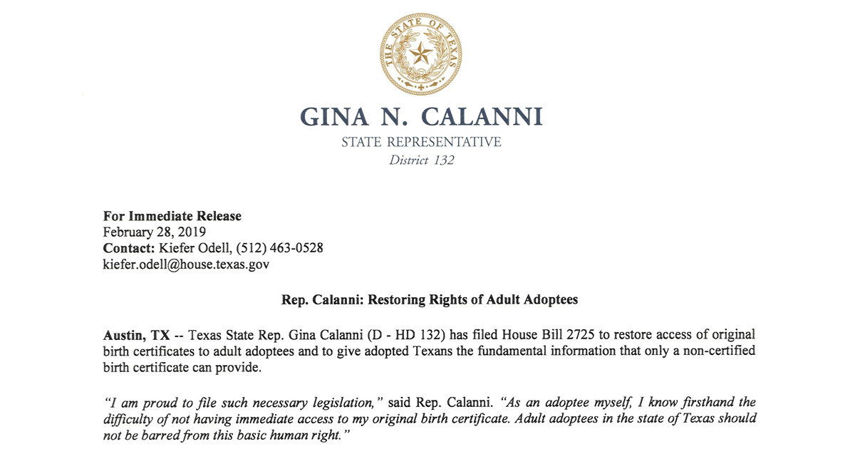 Rep. Calanni Issues Press Release Announcing HB2725 | Texas Adoptee ... Rep. Calanni Issues Press Release Announcing HB2725 | Texas Adoptee ...